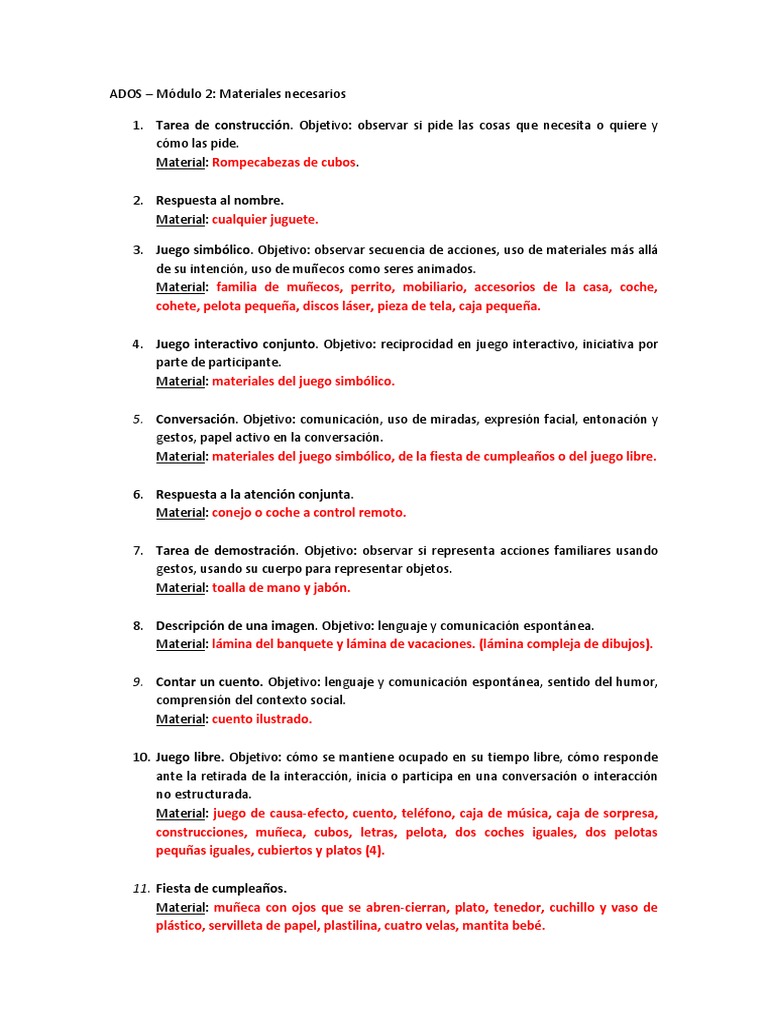 ADOS-Modulo 2, Materiales | PDF