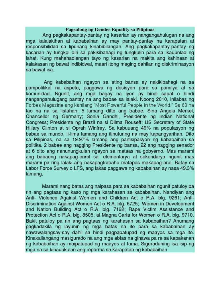Pagsulong NG Gender Equality Sa Pilipinas | PDF
