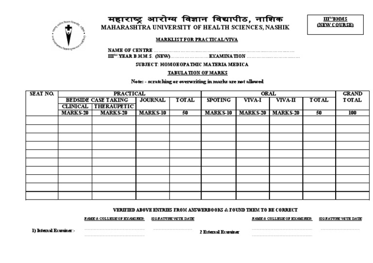 III BHMS NEW Revised Practical Marksheet Format 150510 | PDF ...