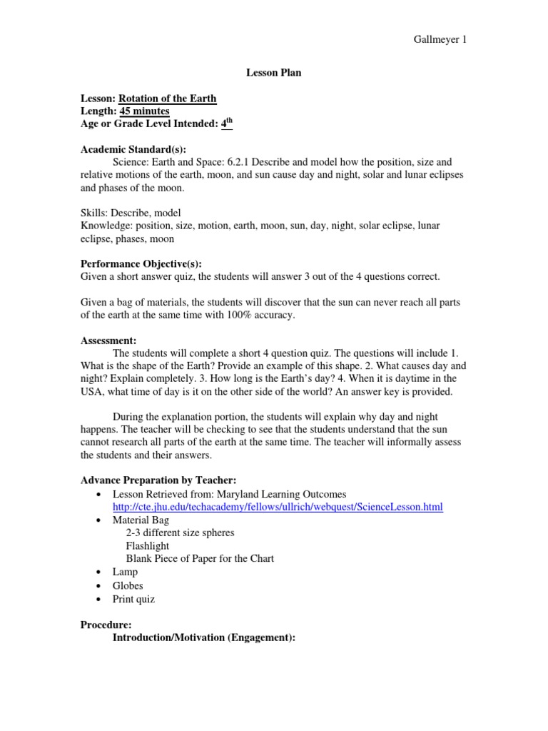 Science 5E Lesson Plan - Rotation of The Earth PDF | PDF | Night | Rotation