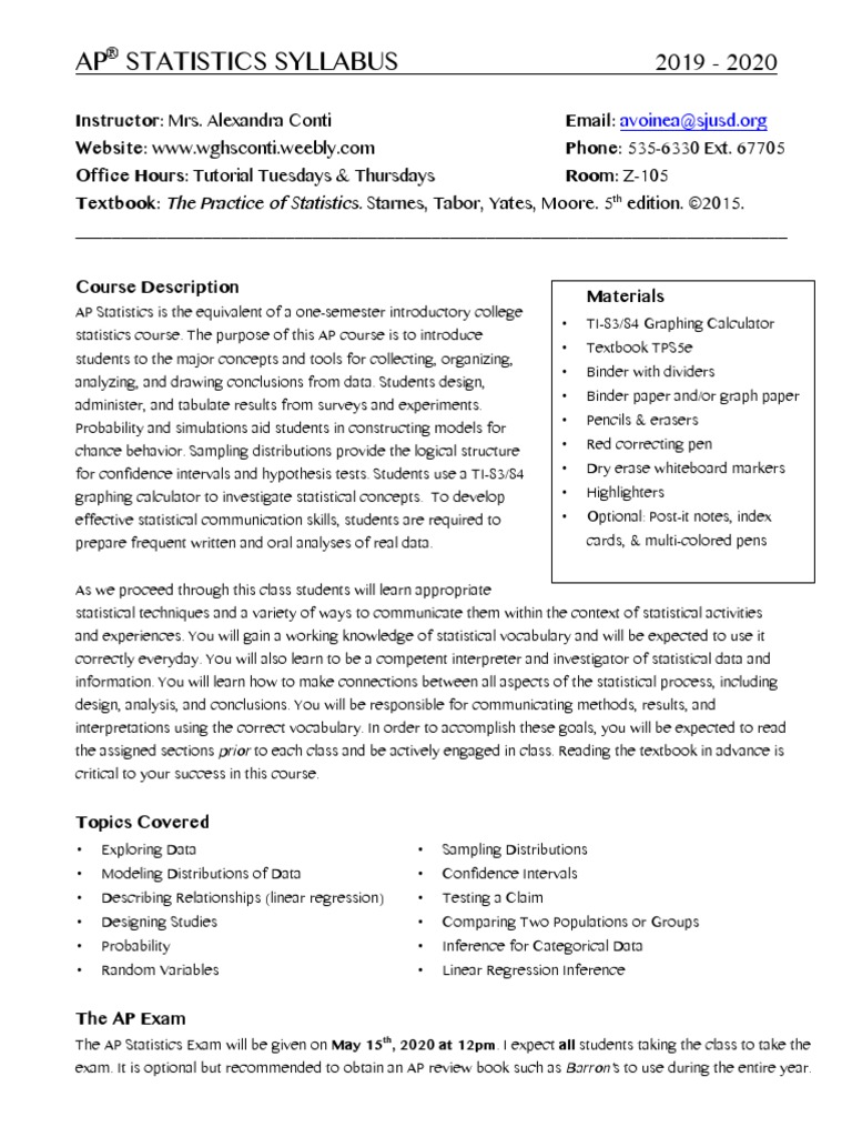 19-20 Ap Statistics Syllabus PDF | PDF | Statistics | Test (Assessment)