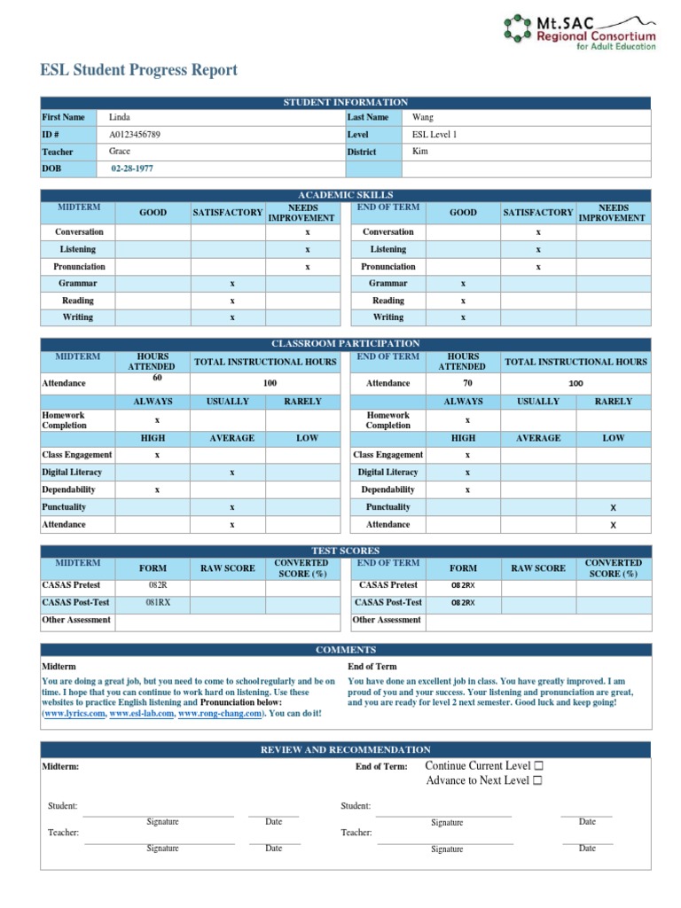 Esl Sample Progress Report | PDF | English As A Second Or Foreign ...