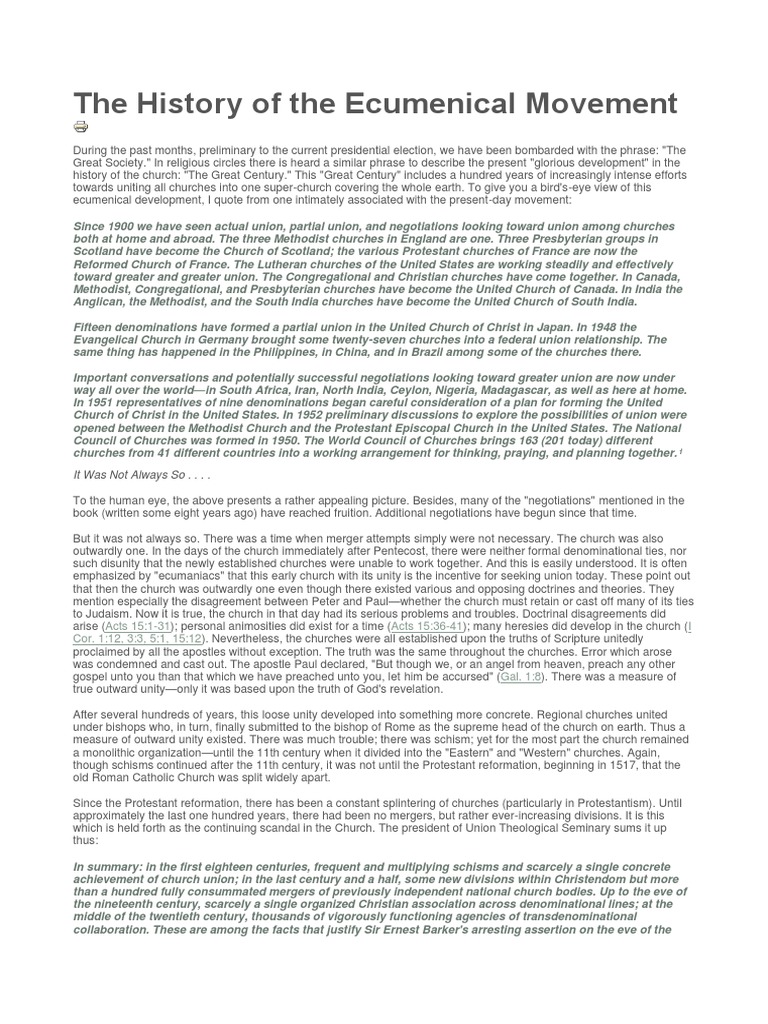 The History of The Ecumenical Movement | PDF | Christian Denomination ...