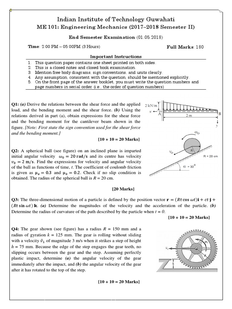 ME101 Endsem 2018 Final PDF | PDF | Rotation Around A Fixed Axis | Velocity