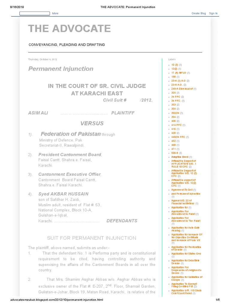 Karachi Civil Suit: Permanent Injunction | PDF | Bail | Lawsuit