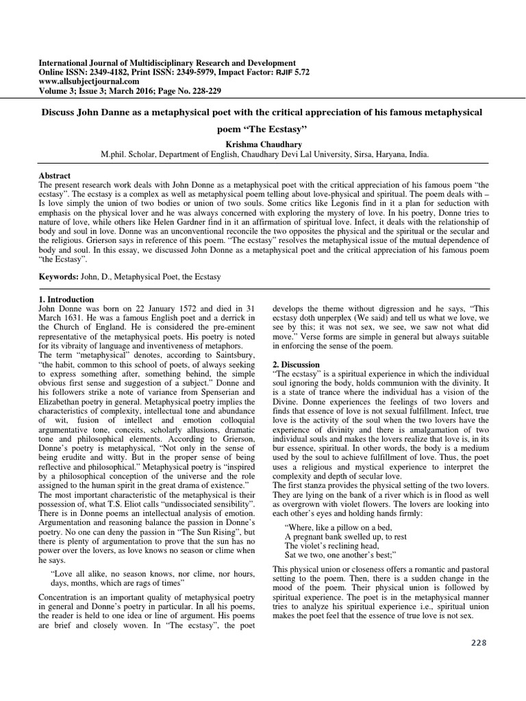 Critical Appriciation of John Donne Poetry | PDF | Poetry | Love