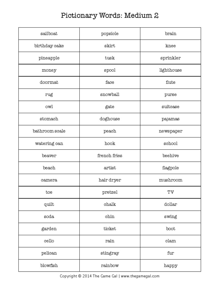 Hard Pictionary Cards