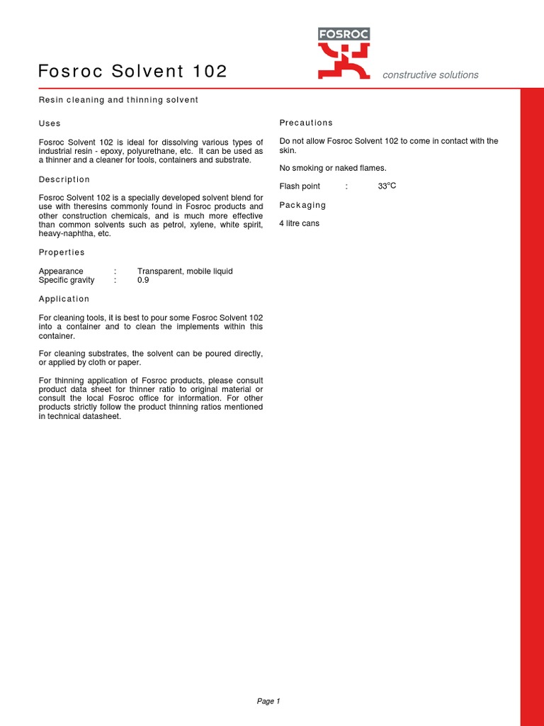 Fosroc Solvent 102 resin cleaning solvent | PDF | Solvent | Industrial ...