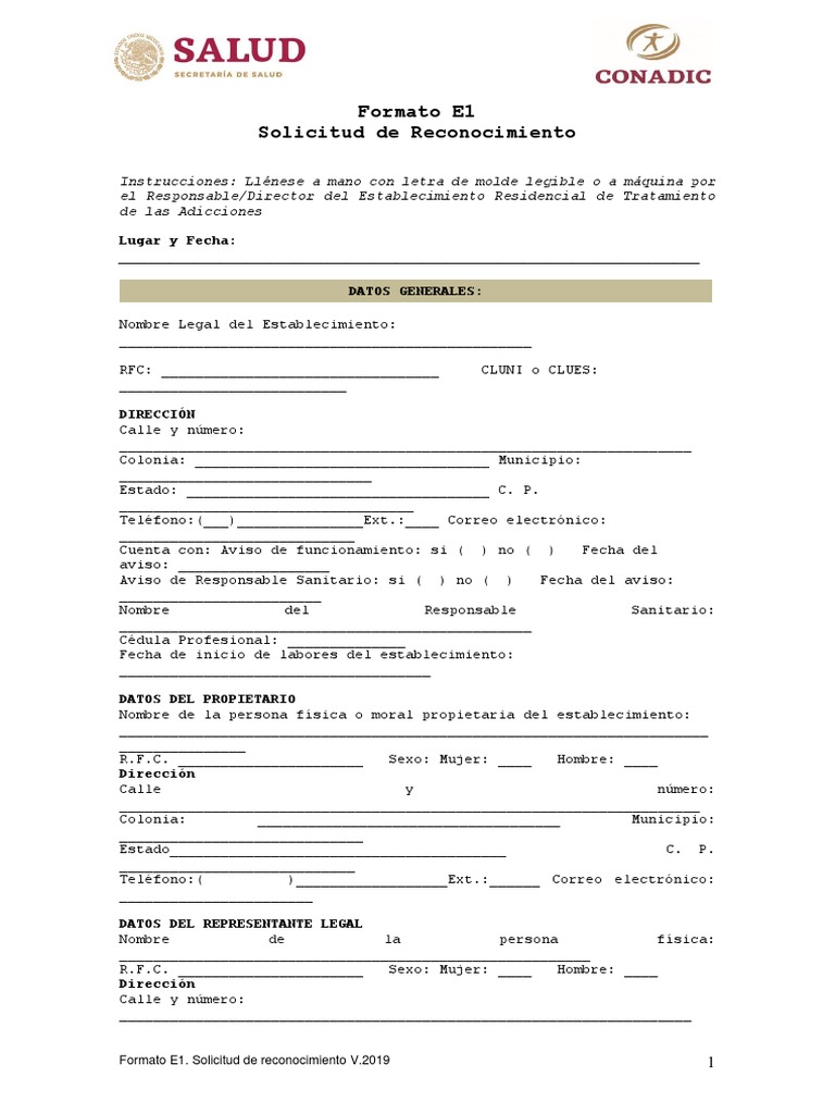Formato E1. Solicitud de Reconocimiento 2019 | PDF | Privacidad de la información | Bienestar