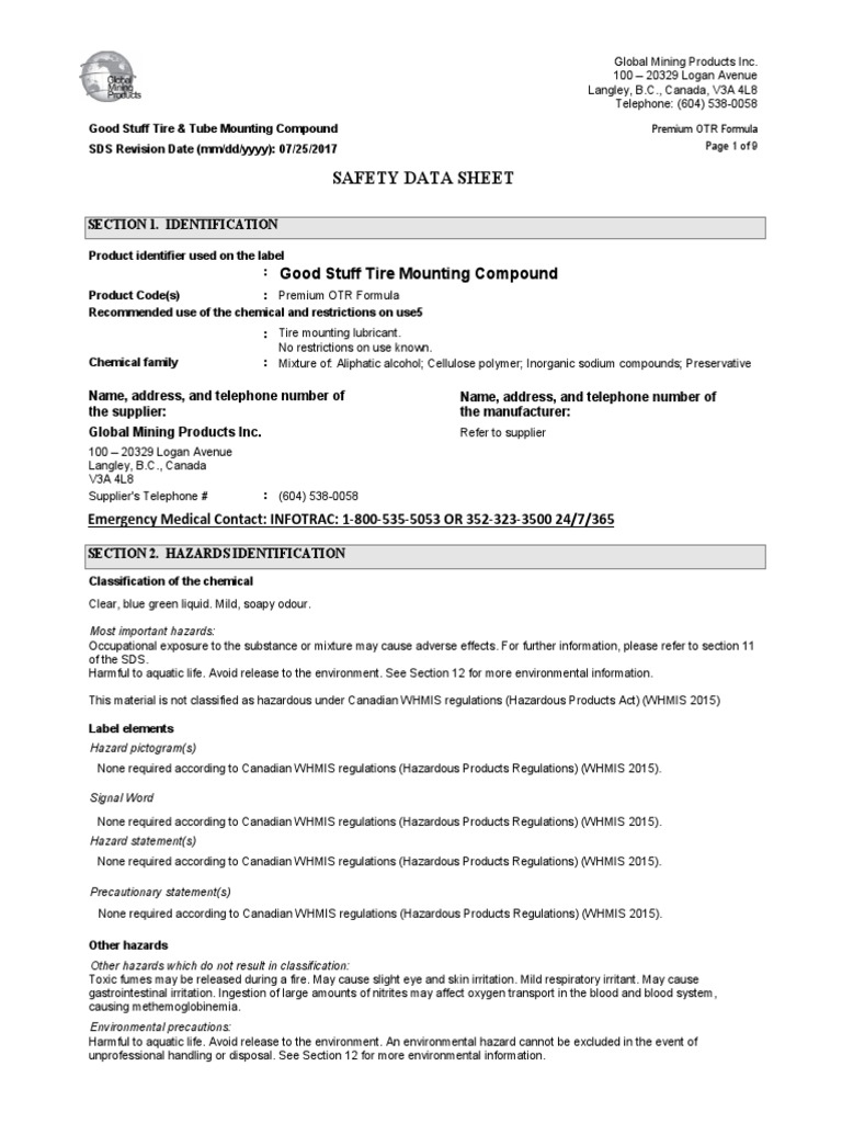 MSDS Good Stuff Tire Tube Mounting Compound Premium Formula | PDF ...