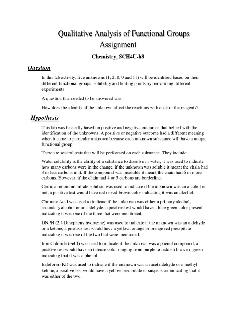 Qualitative Analysis of Functional Groups Assignment | PDF | Aldehyde | Alcohol
