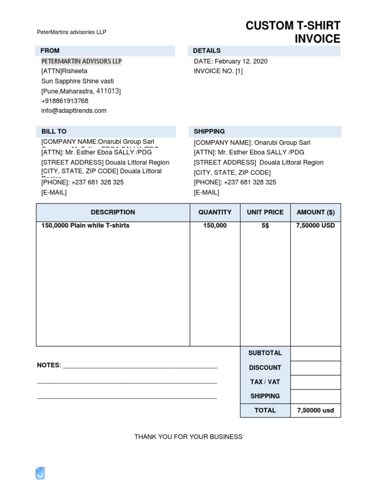 Custom T Shirt Invoice | PDF