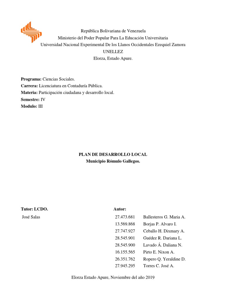 Plan de Desarrollo Local en Rómulo Gallegos | PDF | Alcalde | Planificación