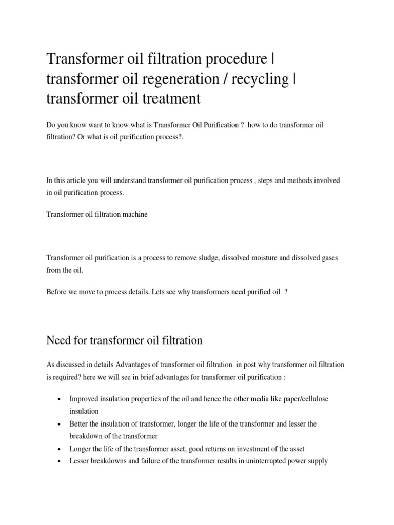 Transformer Oil Filtration Process Guide | PDF | Electrical Breakdown ...