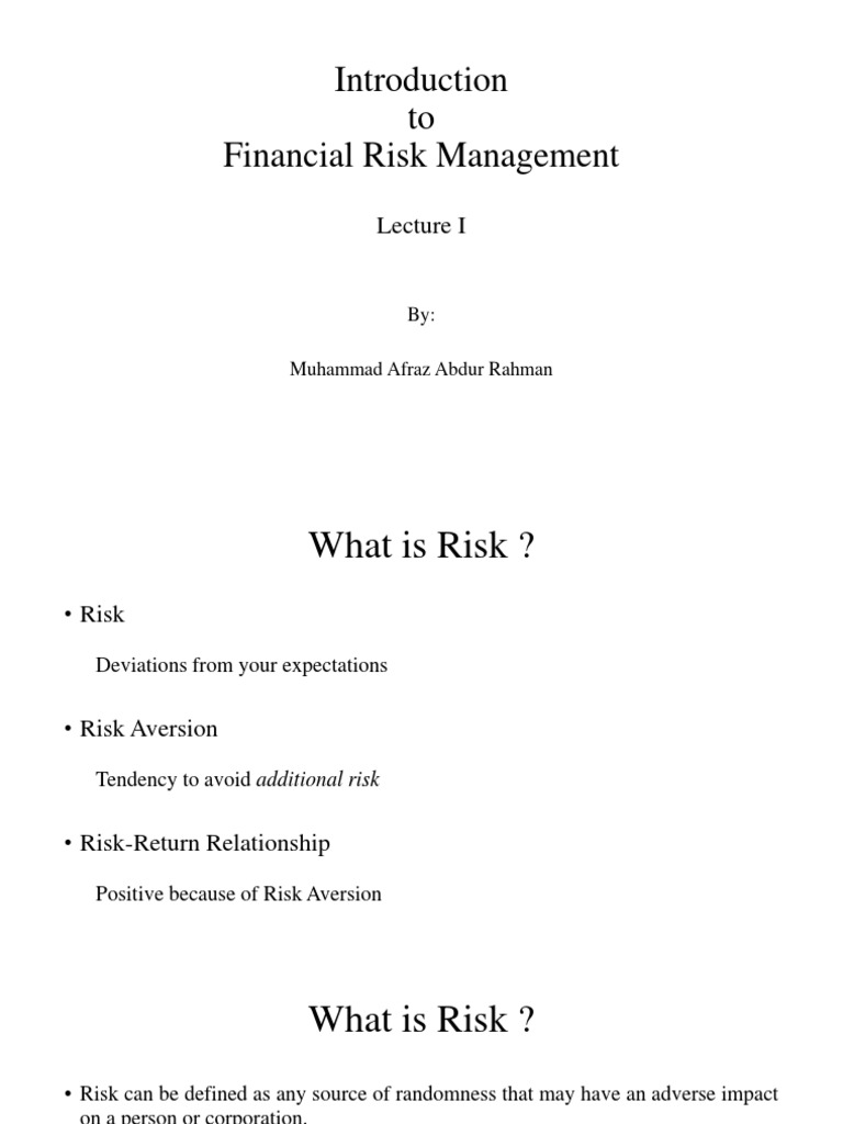 Lecture 1 Financial Risk Management Pdf Risk Management Financial