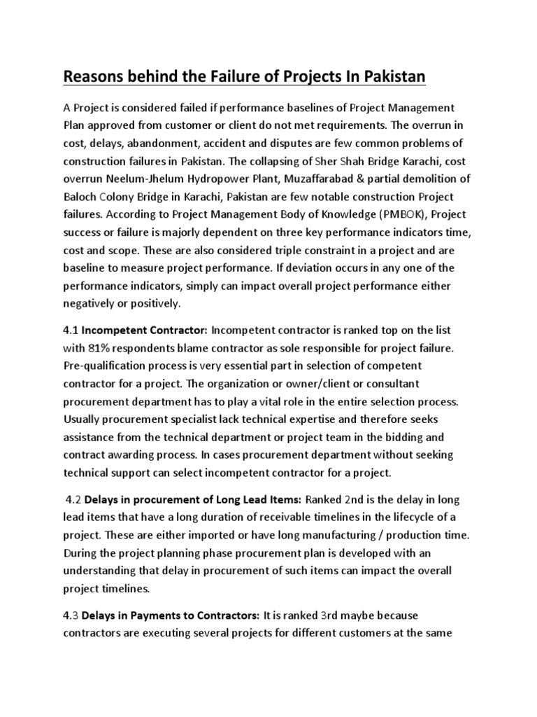 Causes of Construction Projects Failure in Pakistan | PDF | Project ...