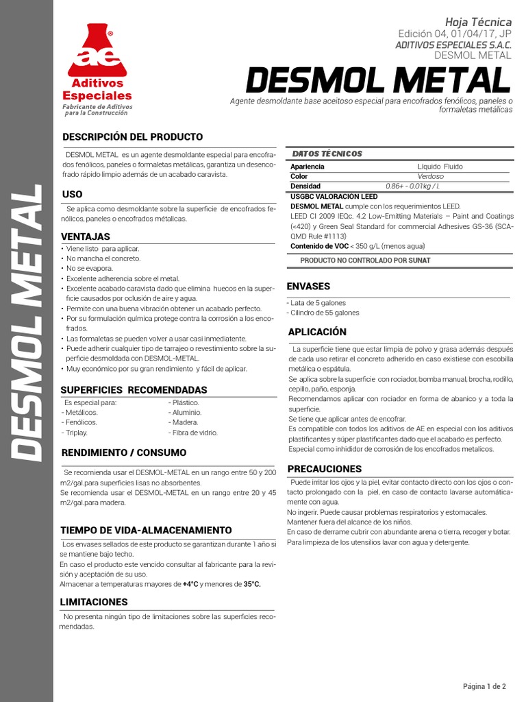 Desmol Metal | PDF | Hormigón | Agua