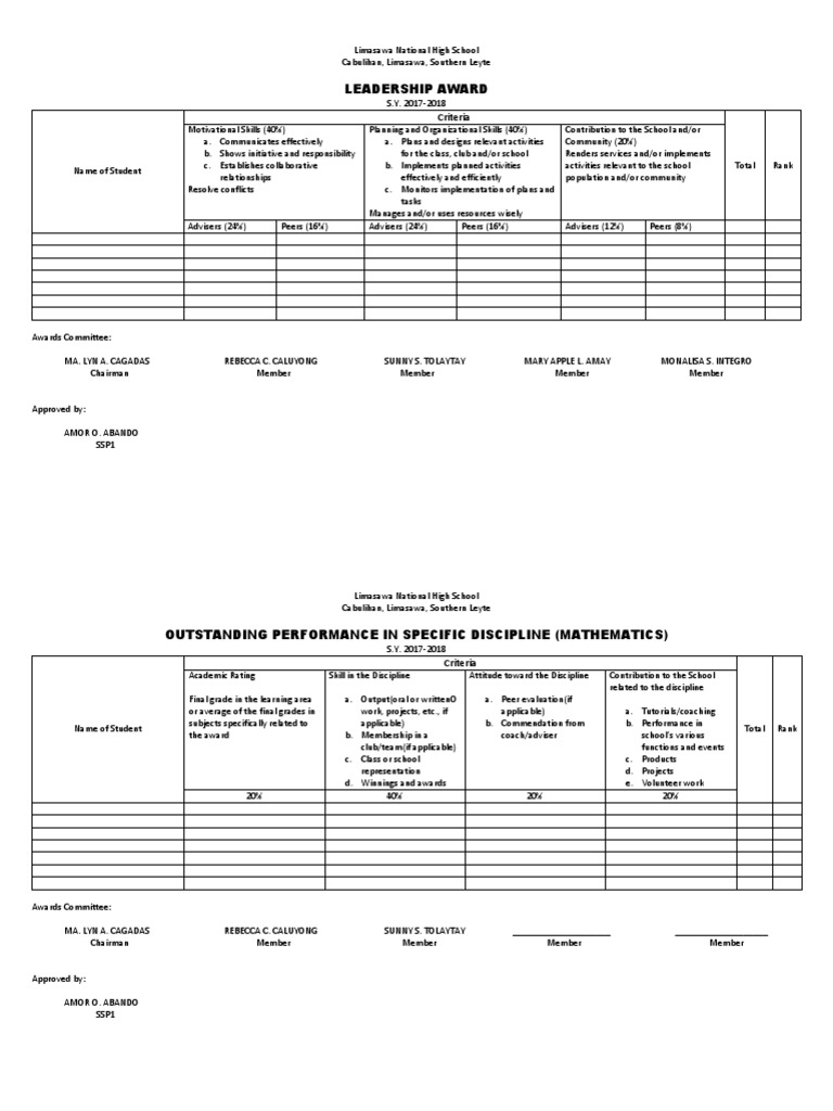 Awards Criteria Leadership Outstanding Performance Club Achievement
