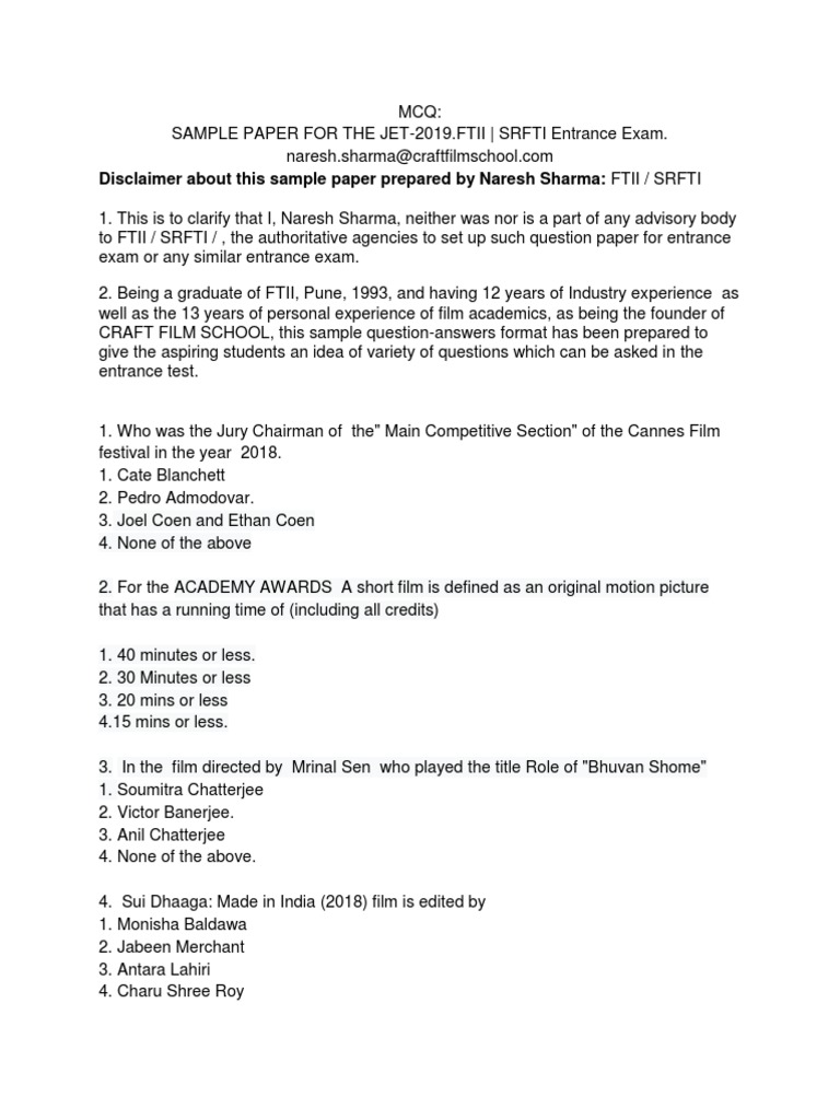 MCQ. Sample Paper JET 2019 Ftii Entrance Exam. | PDF | Entertainment ...