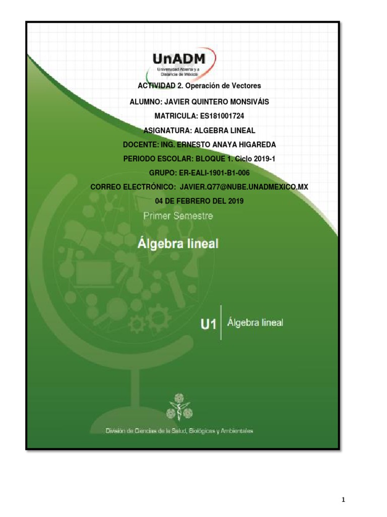 Eali U1 A2 Jaqm | PDF | Espacio vectorial | Vector Euclidiano
