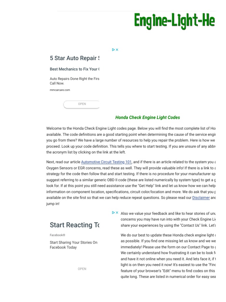 Most Complete List For Honda Check Engine Light Codes | PDF | Automatic ...
