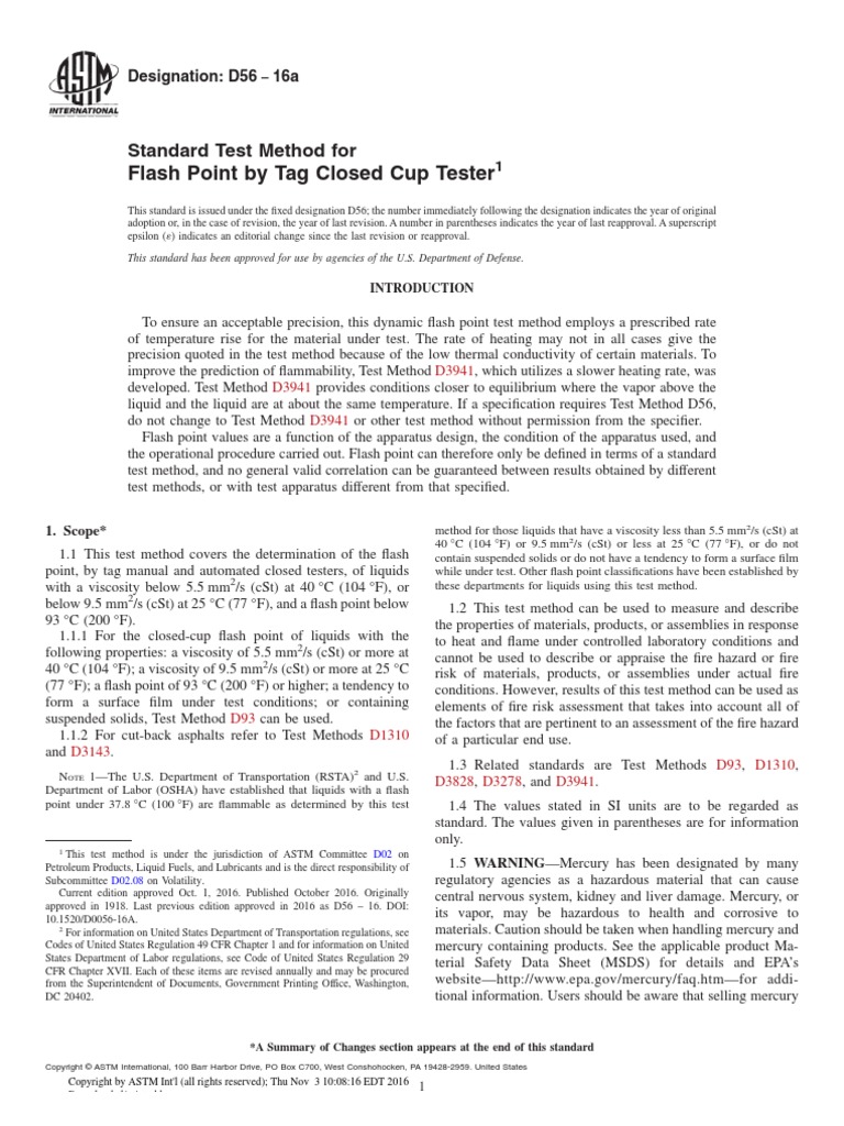 ASTM D56-16a PDF | PDF | Chemistry | Physical Chemistry