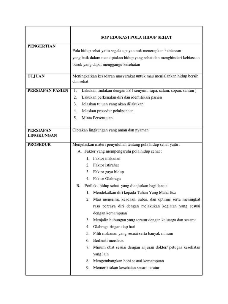 Sop Edukasi Pola Hidup Sehat 1 | PDF