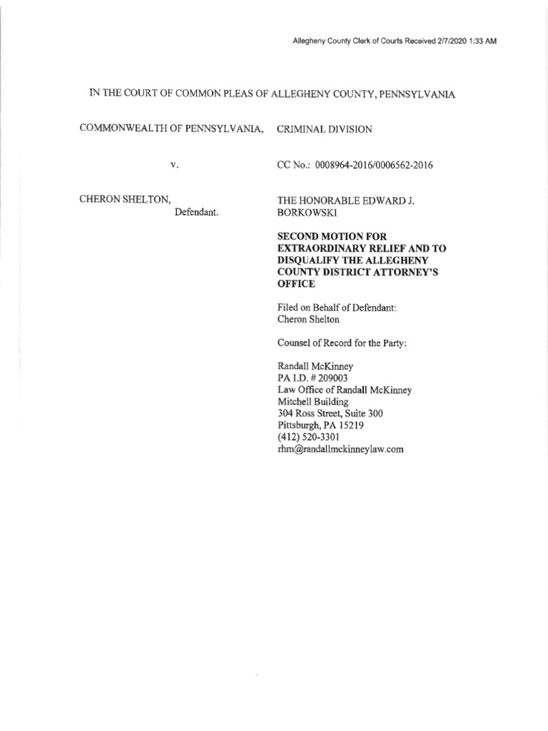 Second Motion For Extraordinary Relief and To Disqualify The Allegheny ...