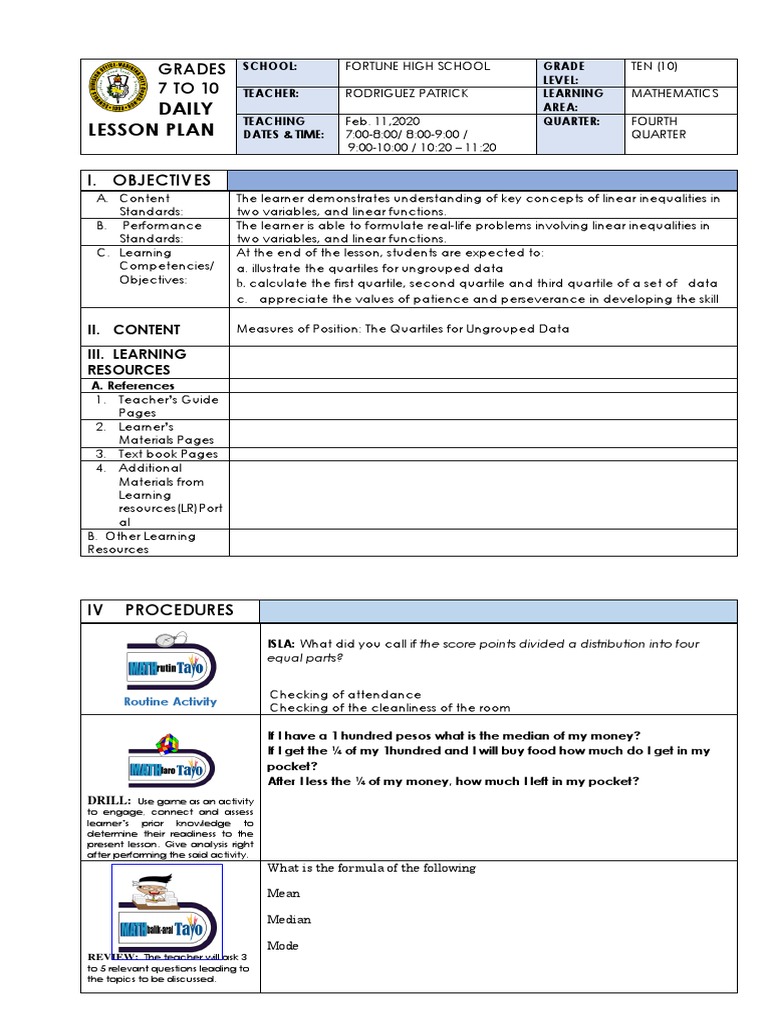 Measures of Position: Finding the Quartiles through the Mendenhall and ...