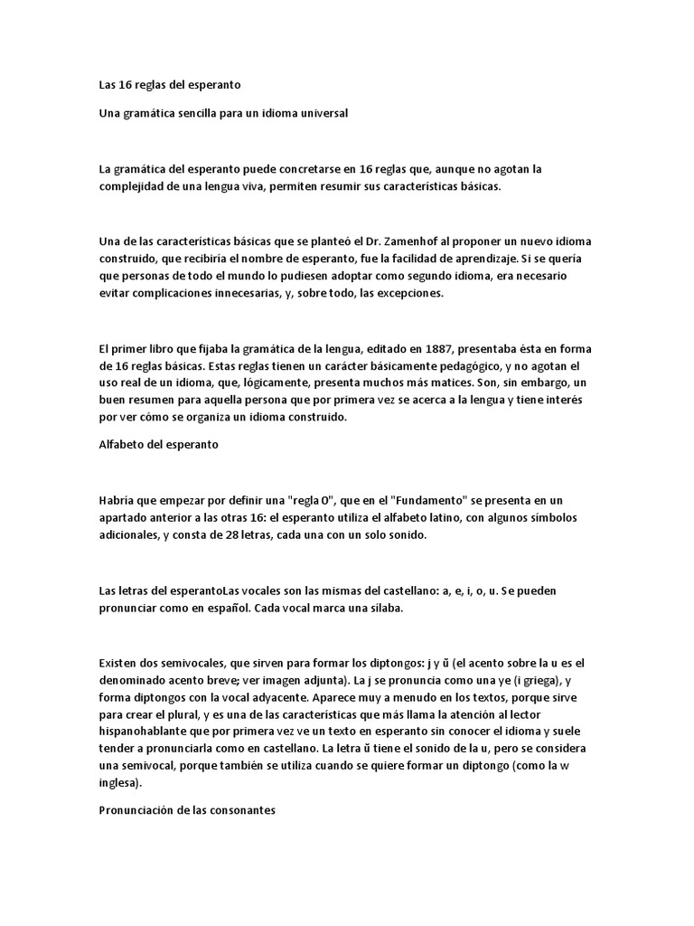 Las 16 Reglas Del Esperanto | PDF | Vocal | Palabra