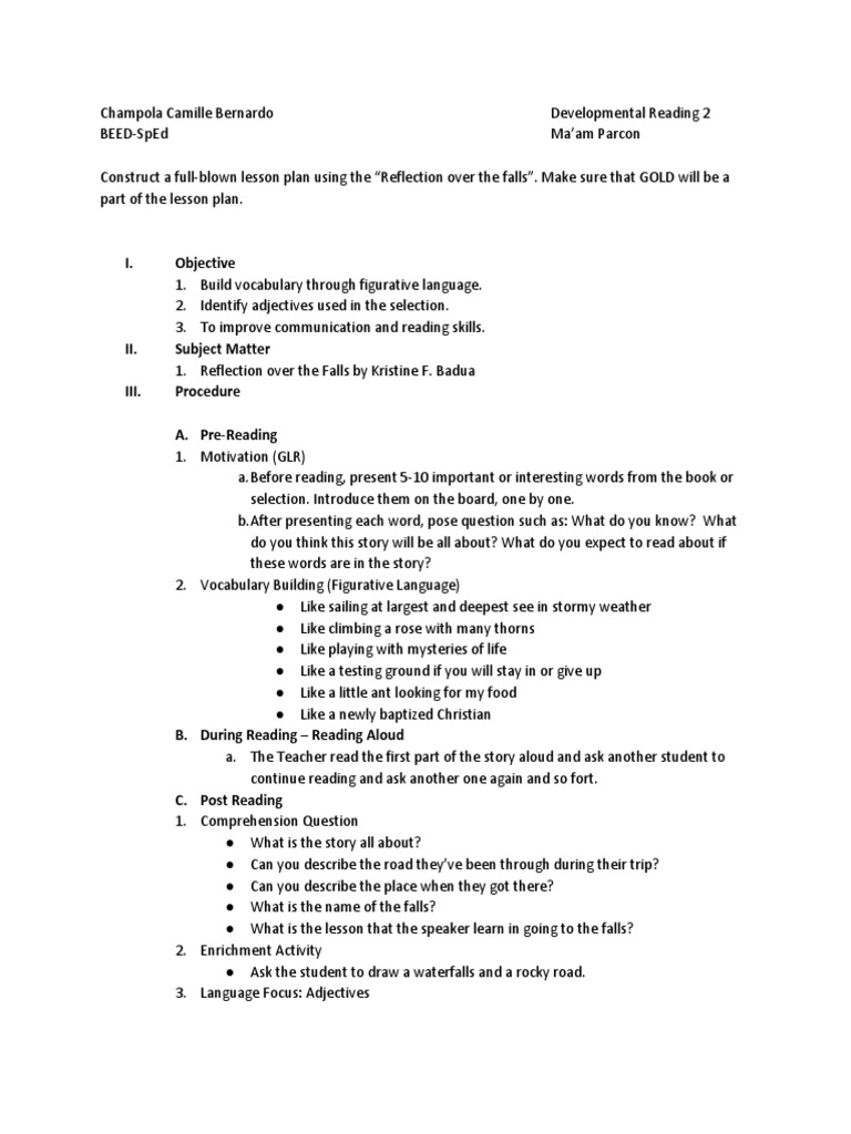 Developmental Reading 2 Sample Lesson Plan | PDF | Lesson Plan | Vocabulary