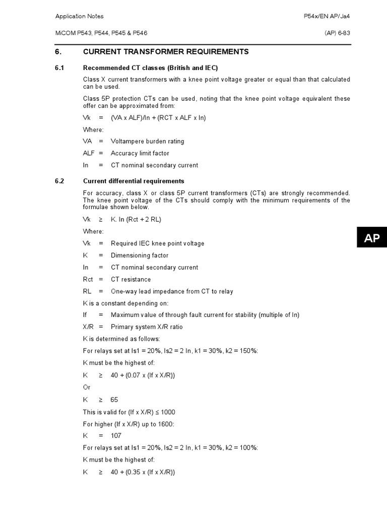 MiCOM P54 X - Current Diff Prot Relays - CT Requirement | PDF | Force | Electrical Engineering