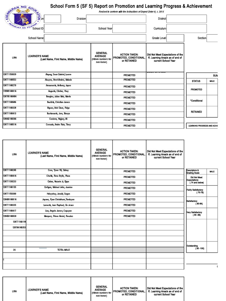 School Form 5 Report On Promotion and Learning Progress Achievement ...