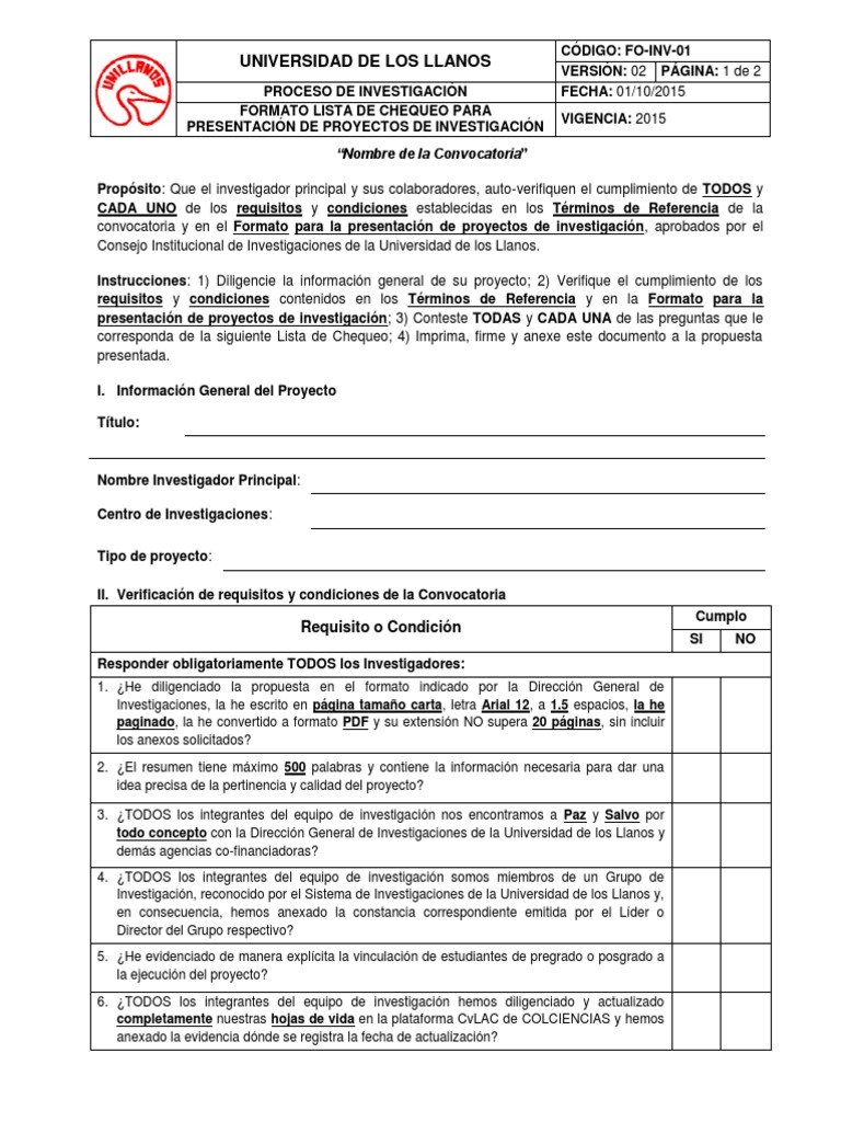 Fo-Inv-01 Formato de Lista de Chequeo para Presentacion de Proyectos de Investigacion | PDF