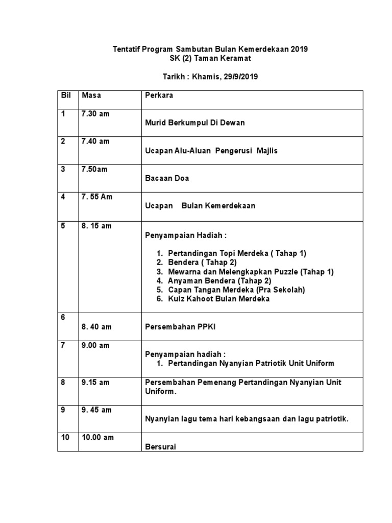 Tentatif & AJK Program Penutupan Bulan Kemerdekaan 2019 | PDF