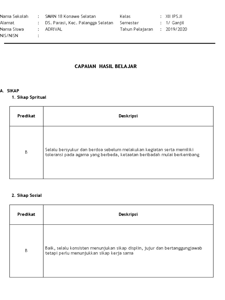 Format Rapor Manual Belakang | PDF