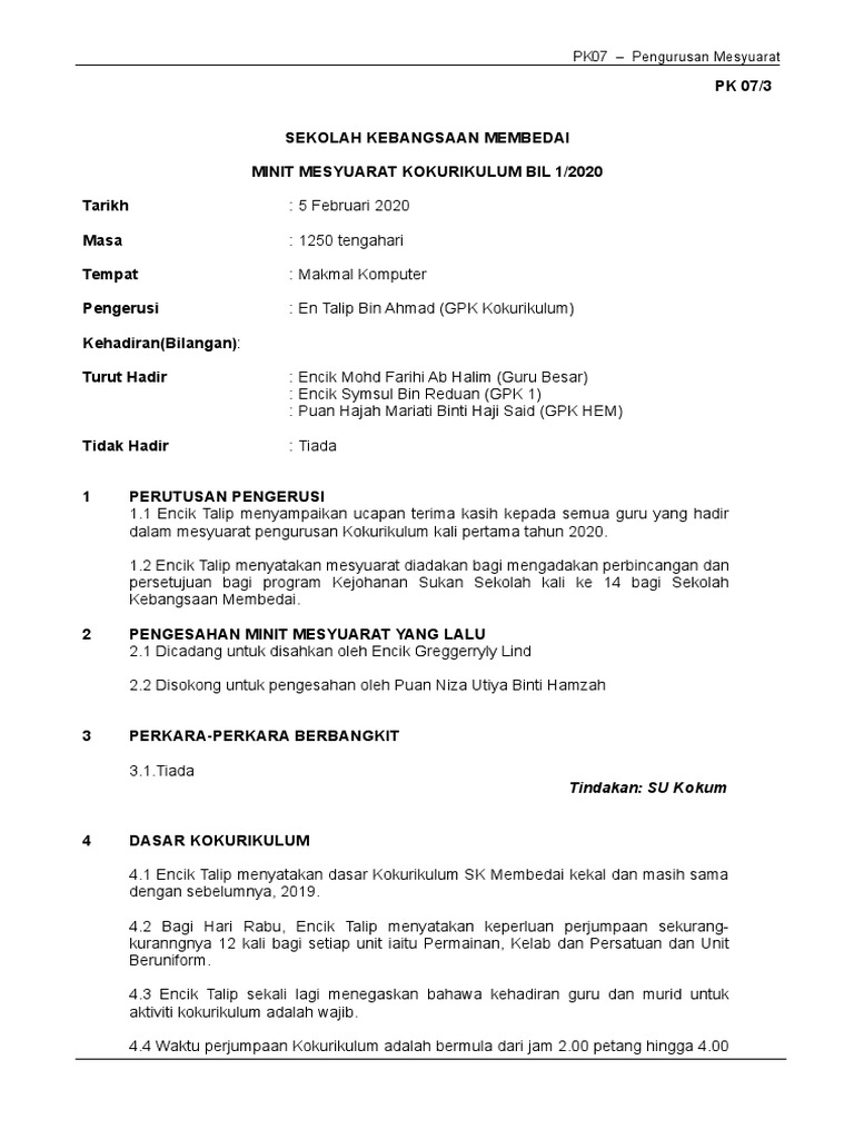 Minit Mesyuarat Kokurikulum Kali Pertama 2020 | PDF
