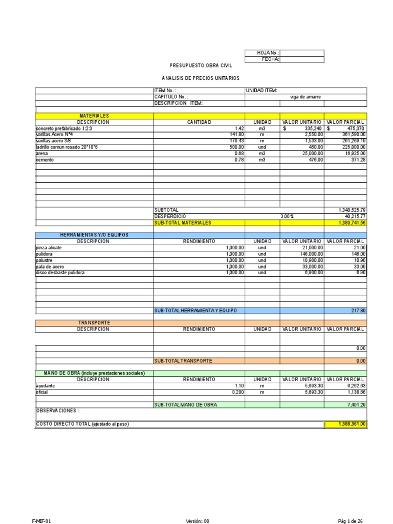 Formato Analisis de Precios Unitarios | PDF | Materiales | Ingeniería de Edificación