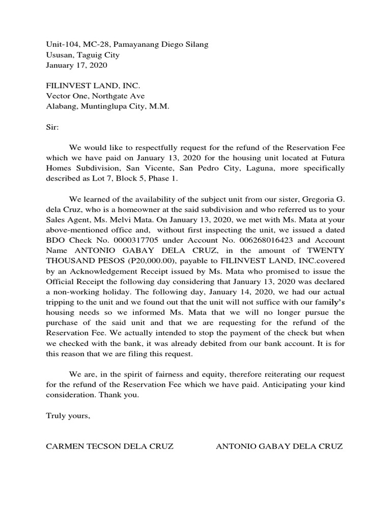 Request for Reservation Fee Refund | PDF