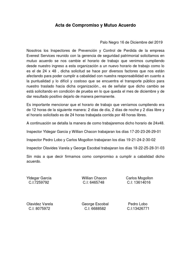 Acta de Compromiso y Mutuo Acuerdo | PDF