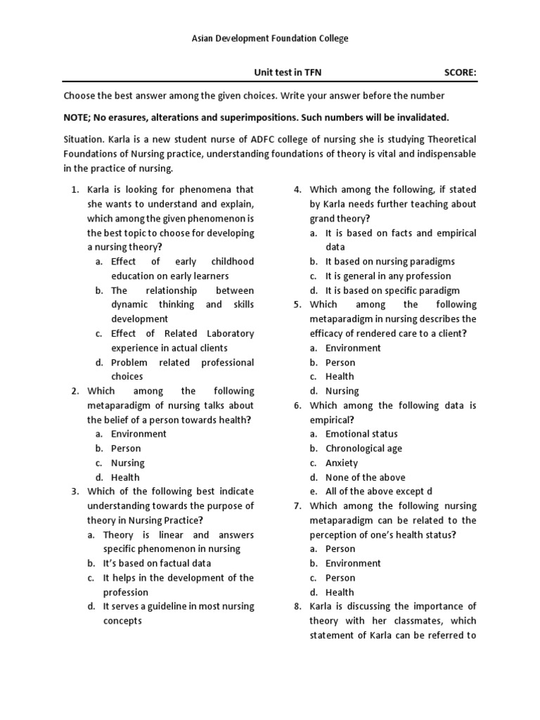 TFN Unit Test | PDF | Nursing | Theory