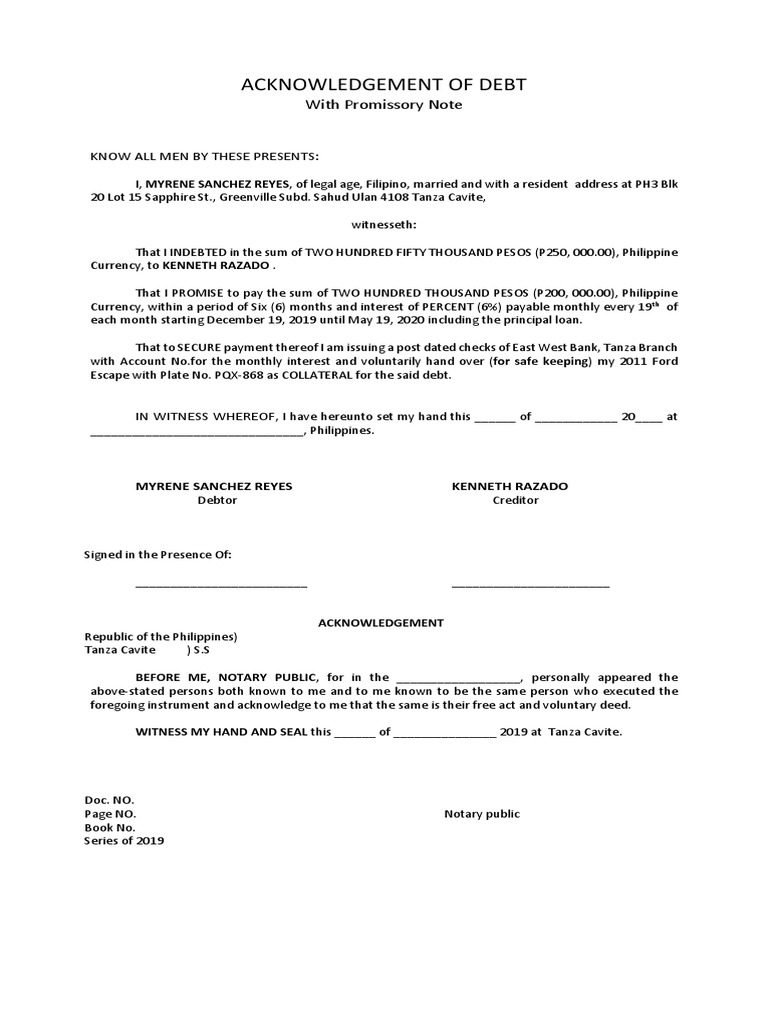 ACKNOWLEDGEMENT OF DEBT WITH PROMISSORY NOTE-Myrene Reyes 2 | PDF ...