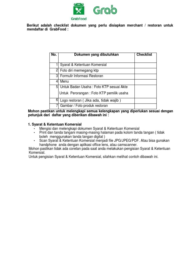 CHECKLIST PENDAFTARAN MERCHANT GRABFOOD | PDF