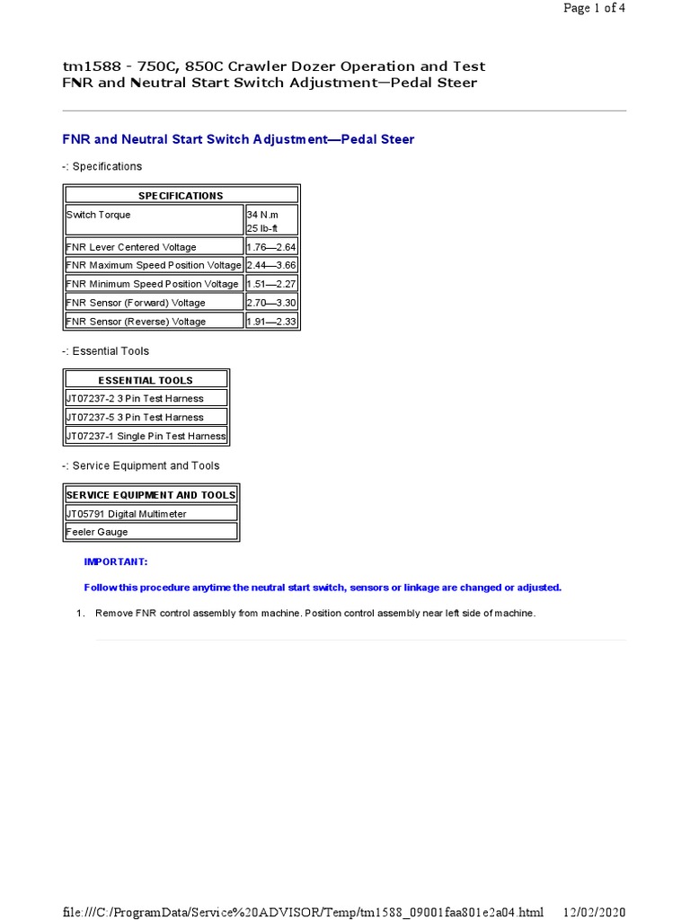 FNR and Neutral Start Switch Adjustment-Pedal Steer 750c | PDF | Switch ...