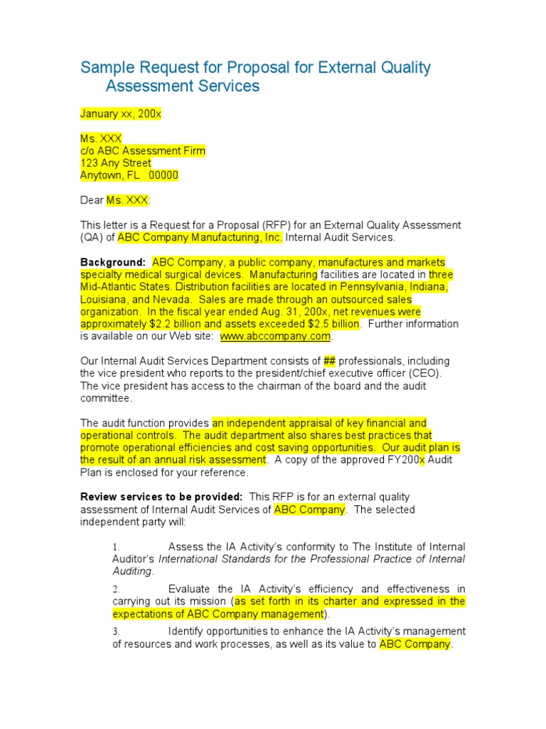 Sample Request for Proposal | Internal Audit | Audit Committee
