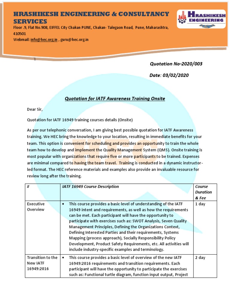 IATF 16949 Training Quotation Details | PDF | Internal Audit | Design