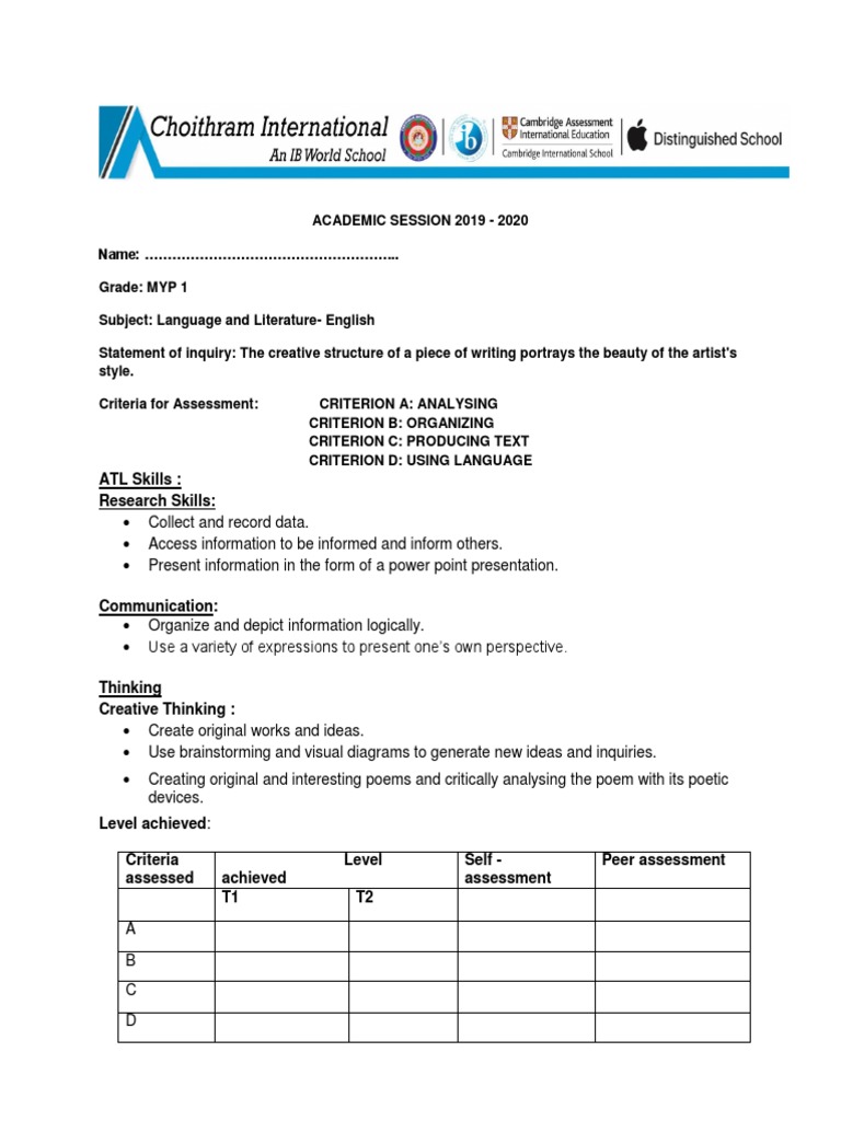 Summative Assessment Poetry - MYP 1 | PDF | Poetry | Communication