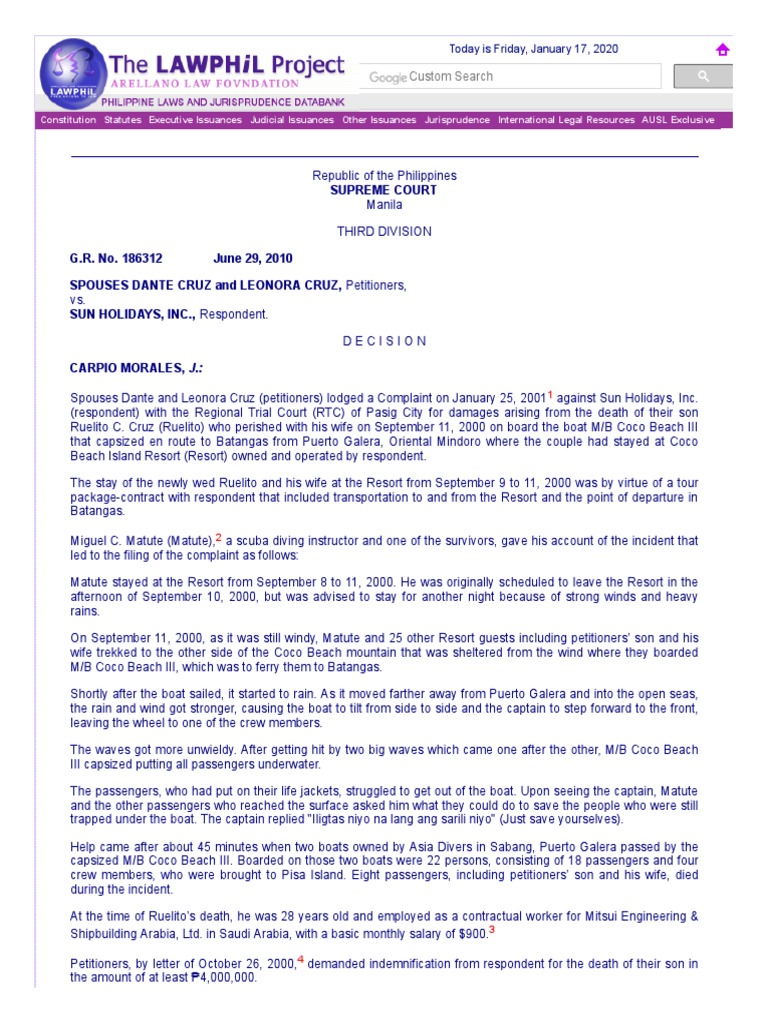 Sps Dante Cruz & Leona Cruz Vs Sun Holidays | PDF | Damages | Interest