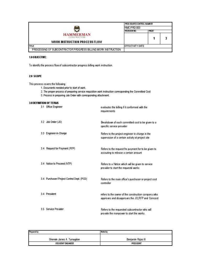 Processing of Subcontractor Progress Billing Work Instruction PDF | PDF ...