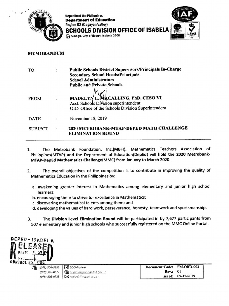 2020 Metrobank MTAP DEPED Math Challenge Elimination Round PDF | PDF